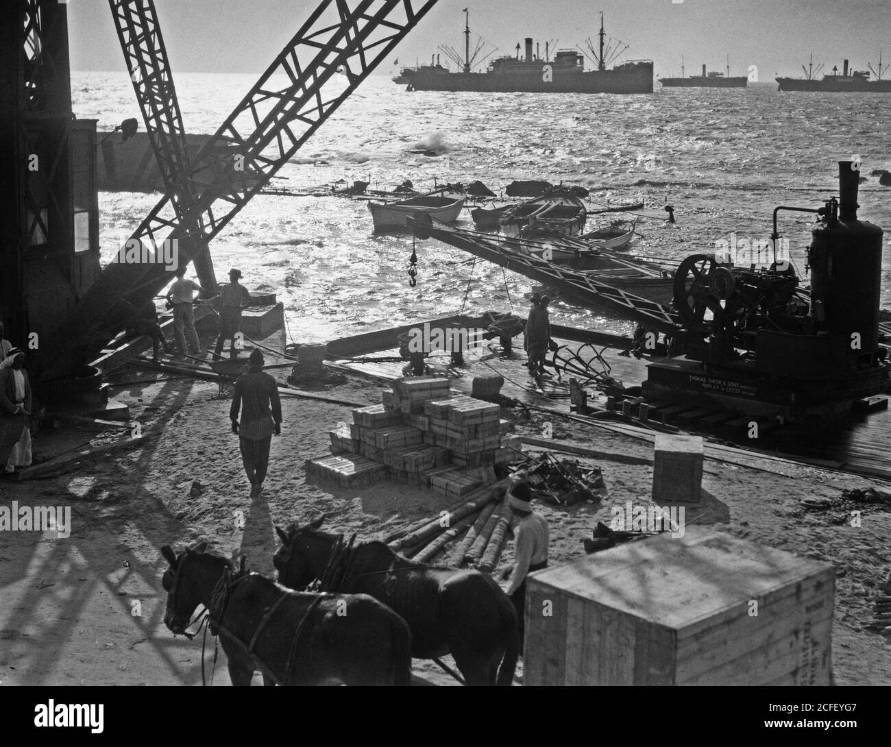 Middle East History - Construction of Jaffa pier. Cranes at work on the ...
