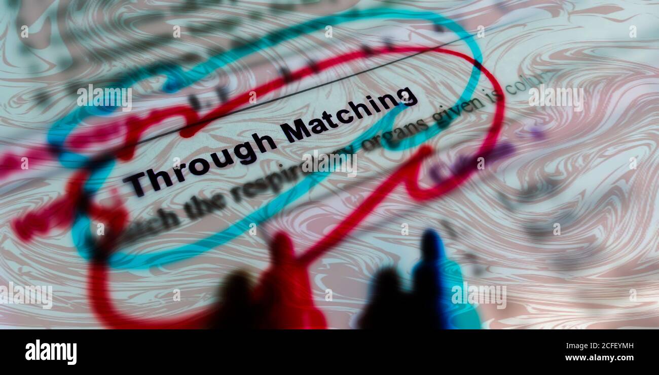 Through Matching word highlighted with closeup view on book word ...