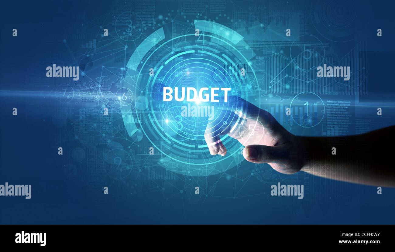 Hand touching BUDGET button, modern business technology concept Stock ...
