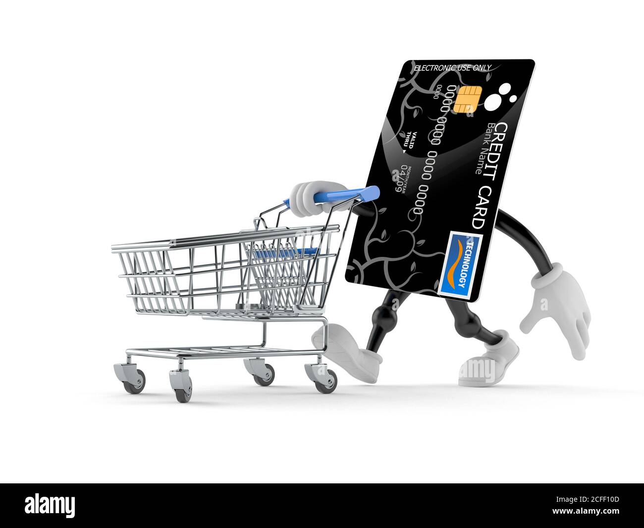 Credit card character with shopping cart isolated on white background ...