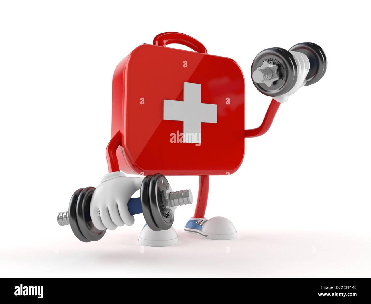 First aid kit character with dumbbell isolated on white background ...