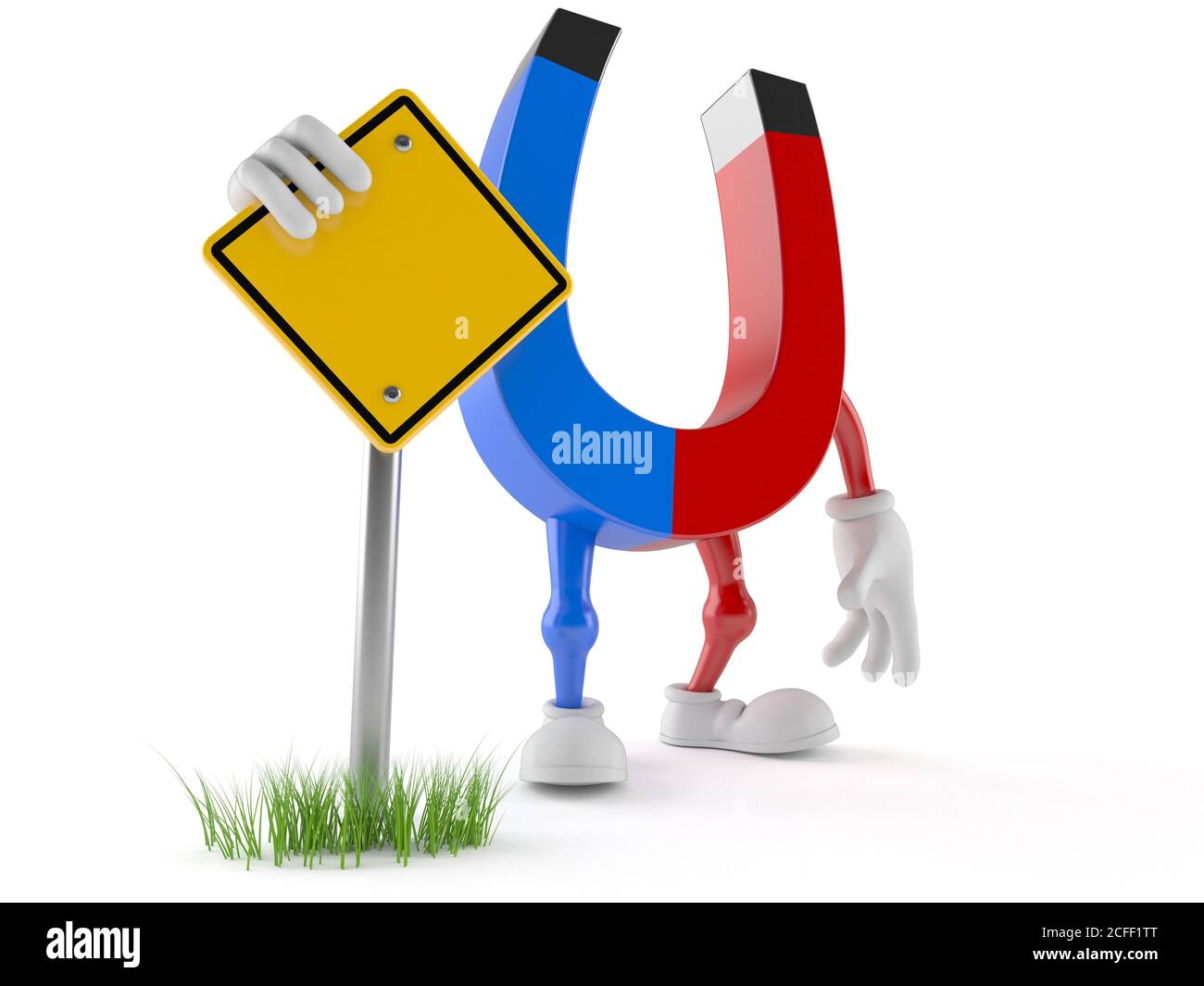 Magnet character with blank road sign isolated on white background ...