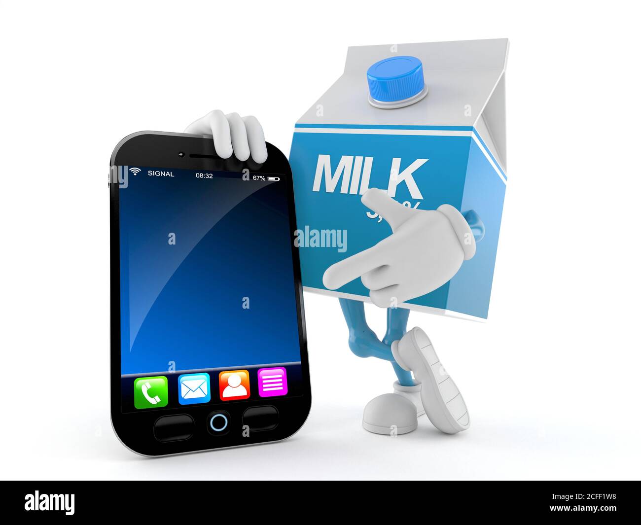 Milk box character with smart phone isolated on white background Stock ...