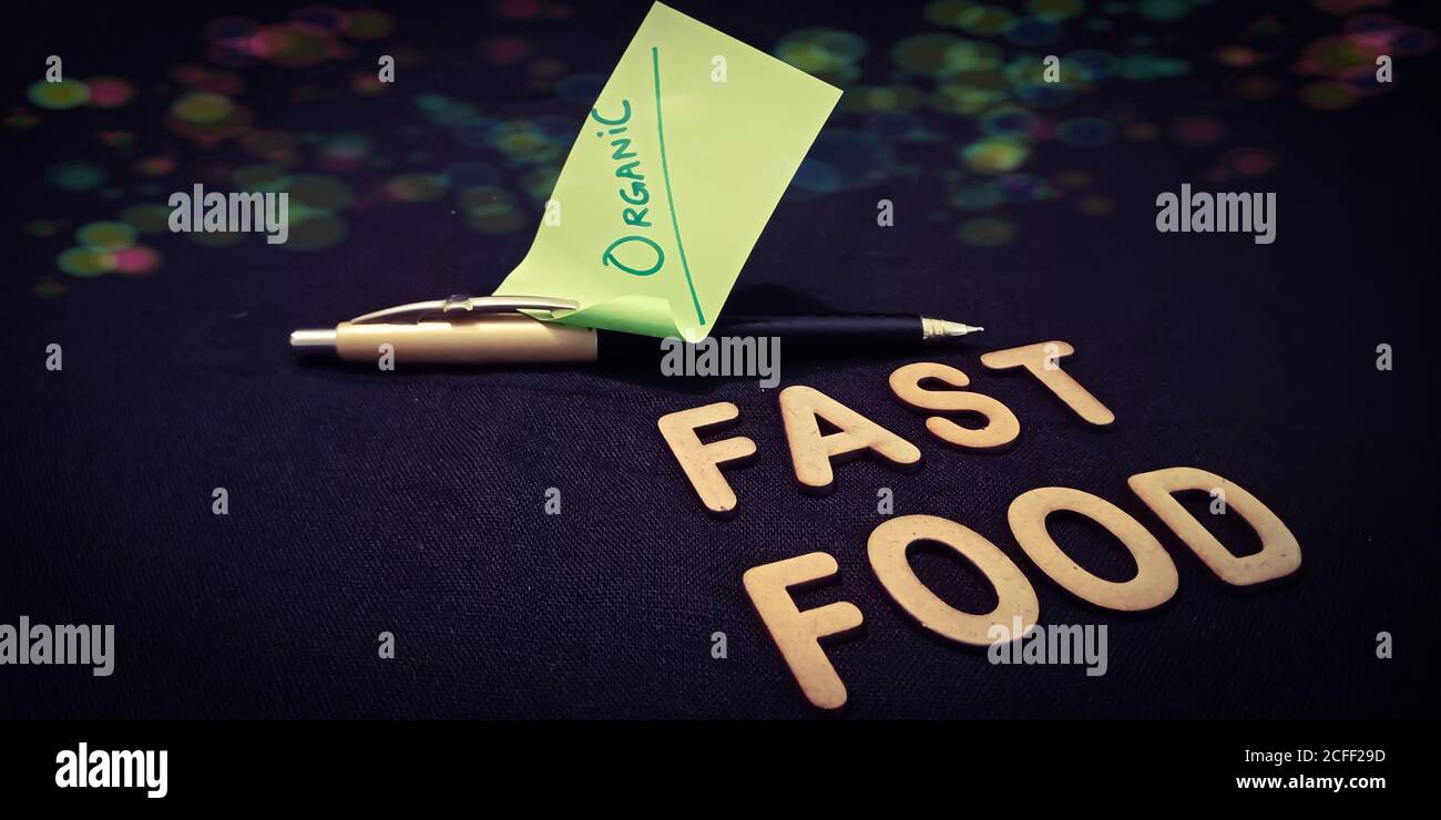 Organic Fast food word displayed on paper slip concept for educational ...