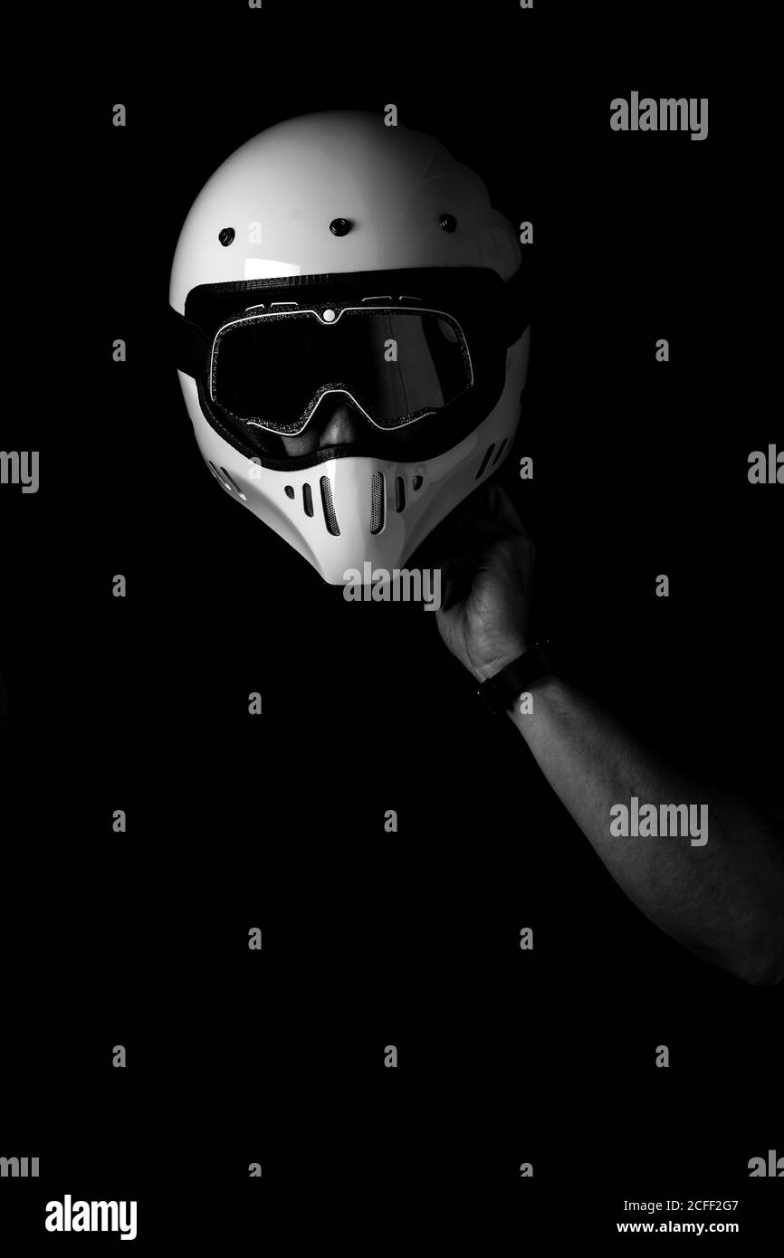White protective helmet glasses Black and White Stock Photos & Images ...