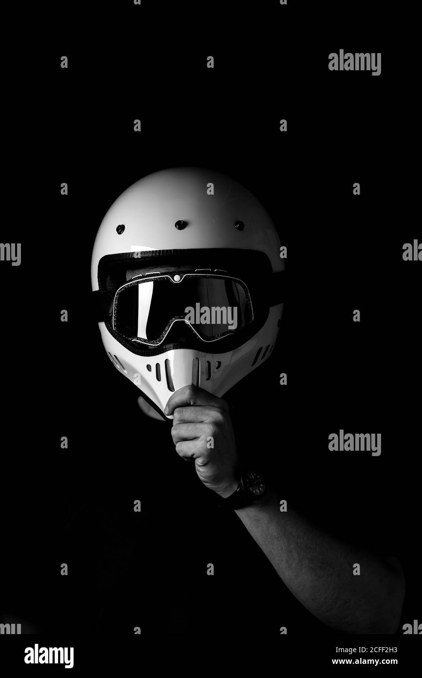 White protective helmet glasses Black and White Stock Photos & Images ...