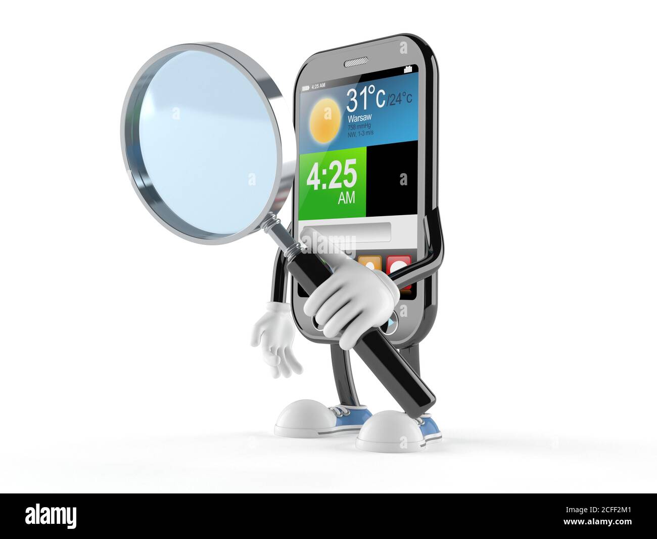 Smart phone character looking through magnifying glass isolated on ...