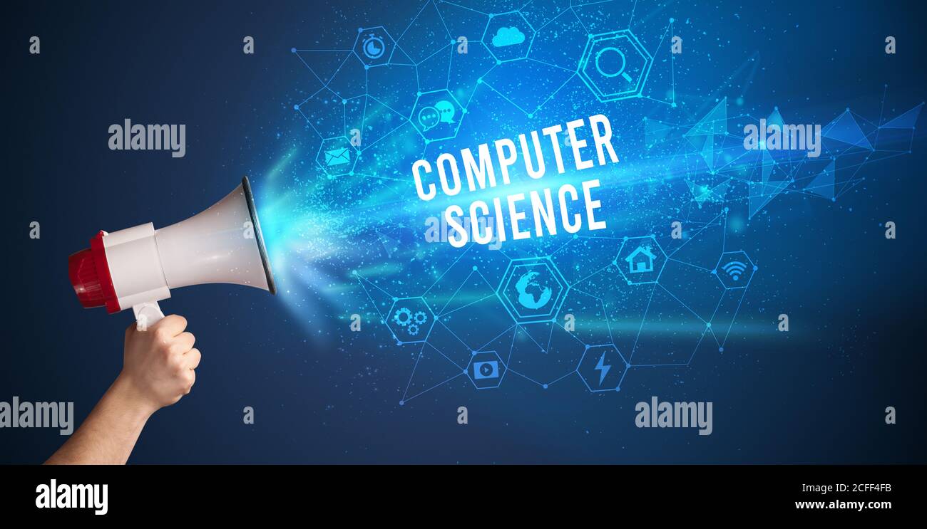 Young woman shouting in megaphone with COMPUTER SCIENCE inscription ...