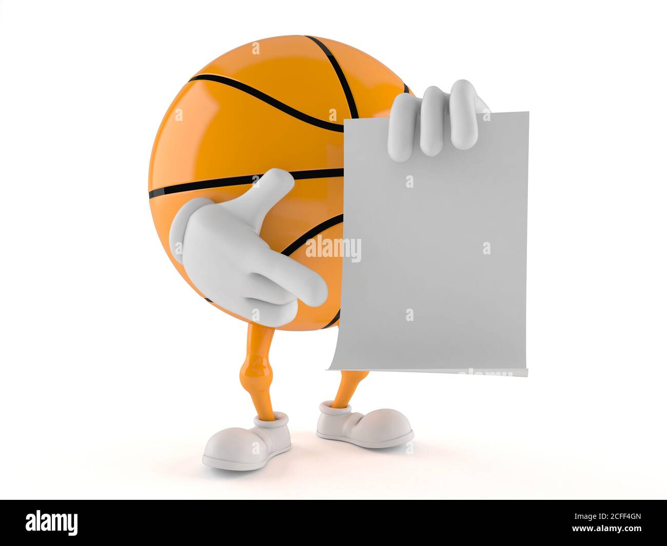 Basketball character with blank sheet of paper isolated on white ...