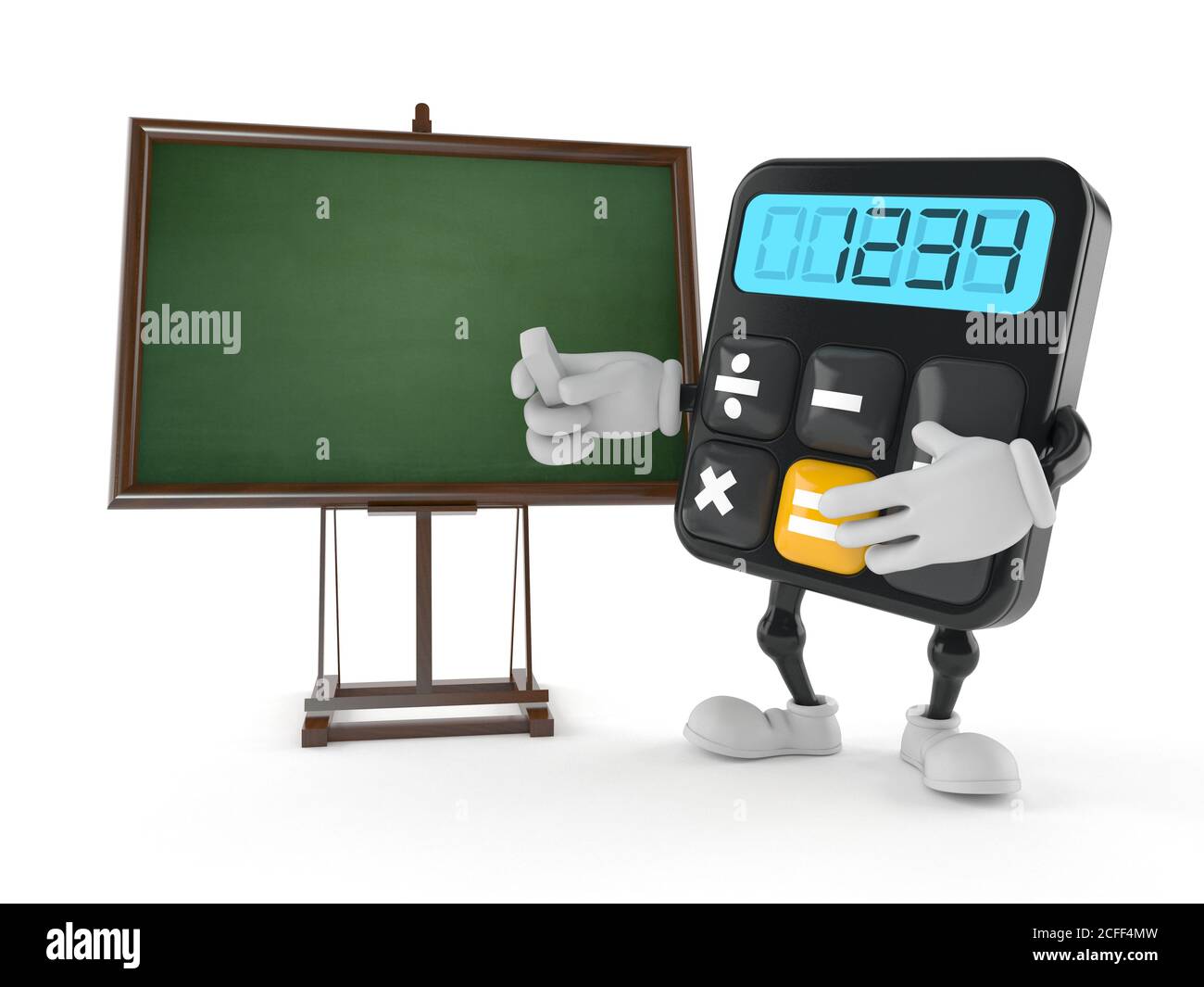 Calculator character with blank blackboard isolated on white background ...