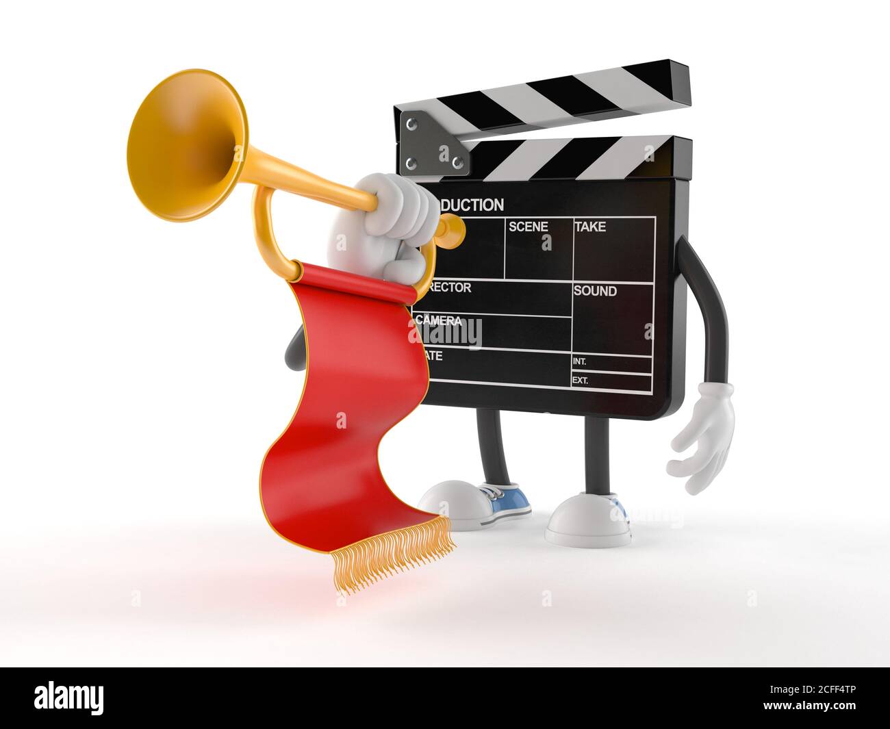 Film slate character playing the trumpet isolated on white background ...
