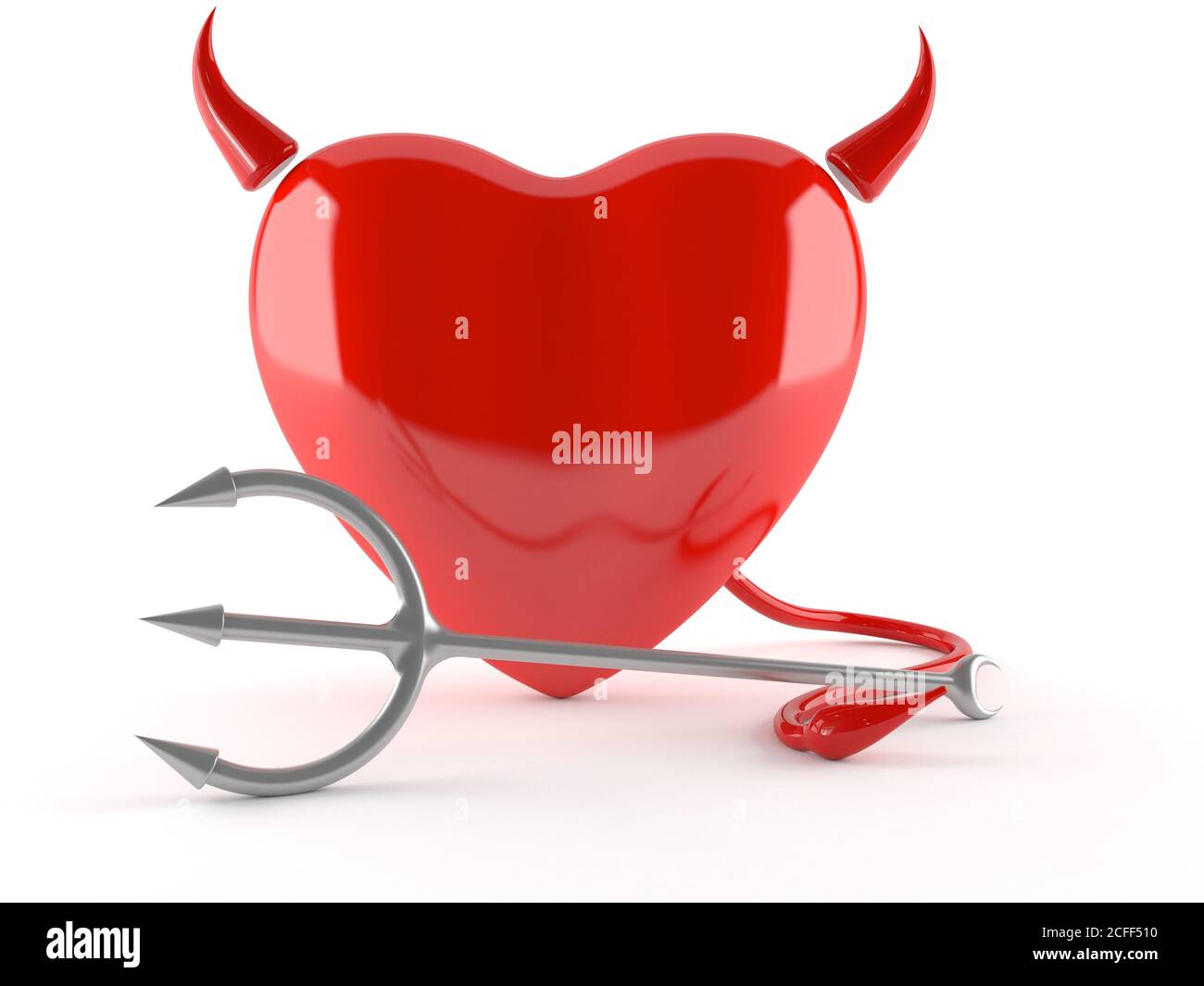 Heart shape with horns and pitch fork isolated on white background ...