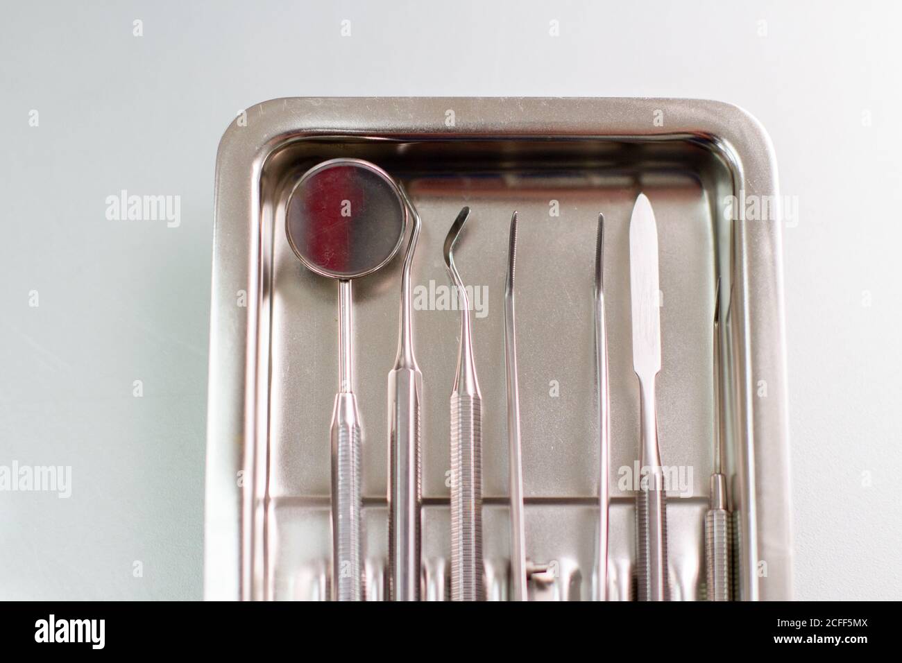 Set of professional dentist tools. Doctor's tools in a metal tray Stock ...