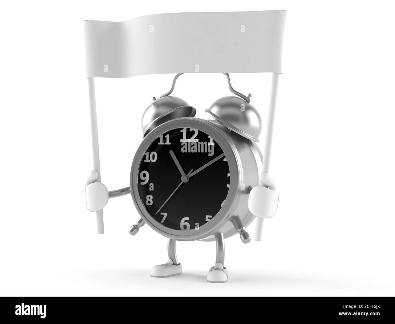 Alarm clock character holding banner isolated on white background Stock ...