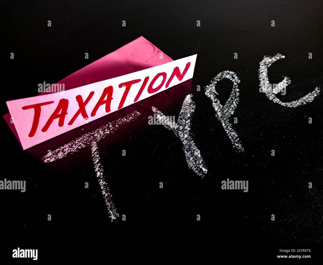 Taxation type word displayed on chalkboard for learning and awareness ...