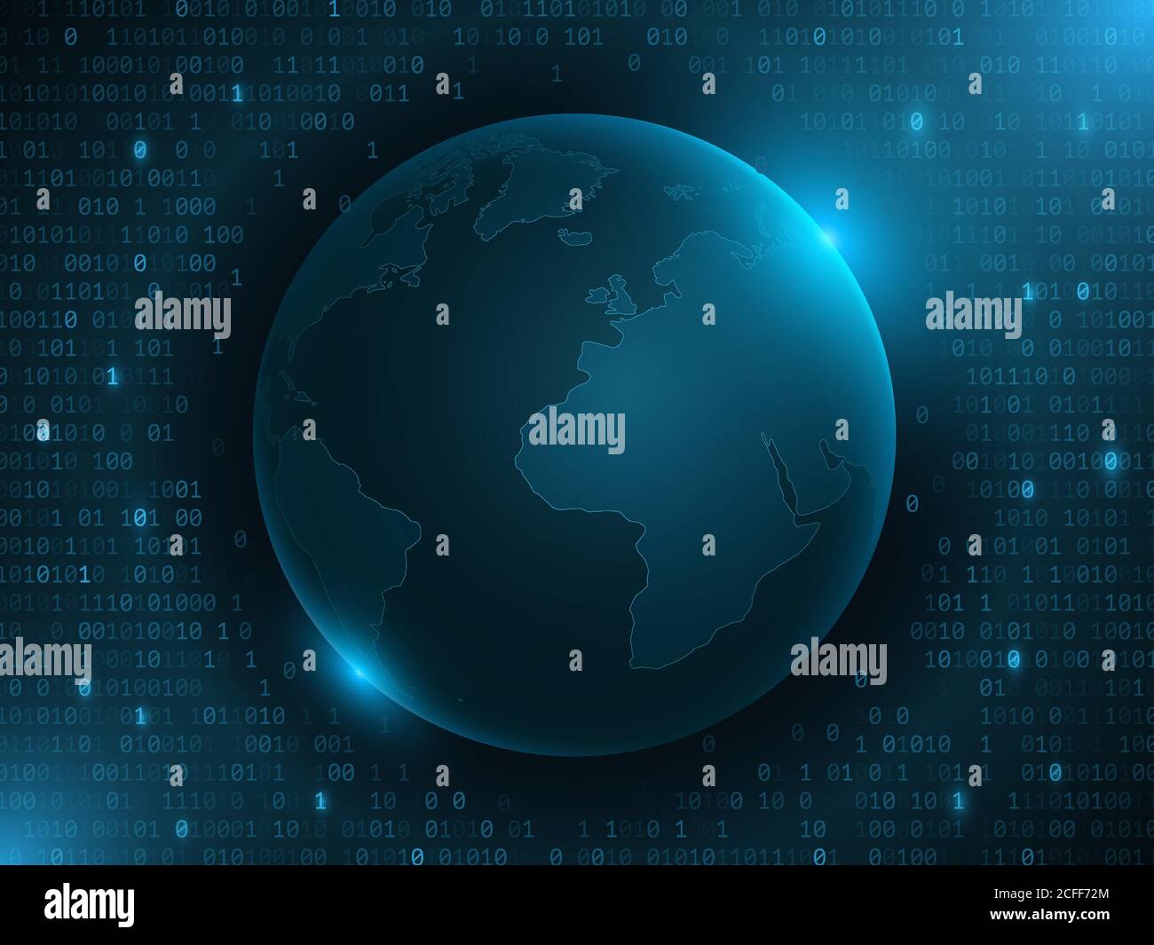 Futuristic planet Earth with binary code on a dark blue background. World map with blue lights ...