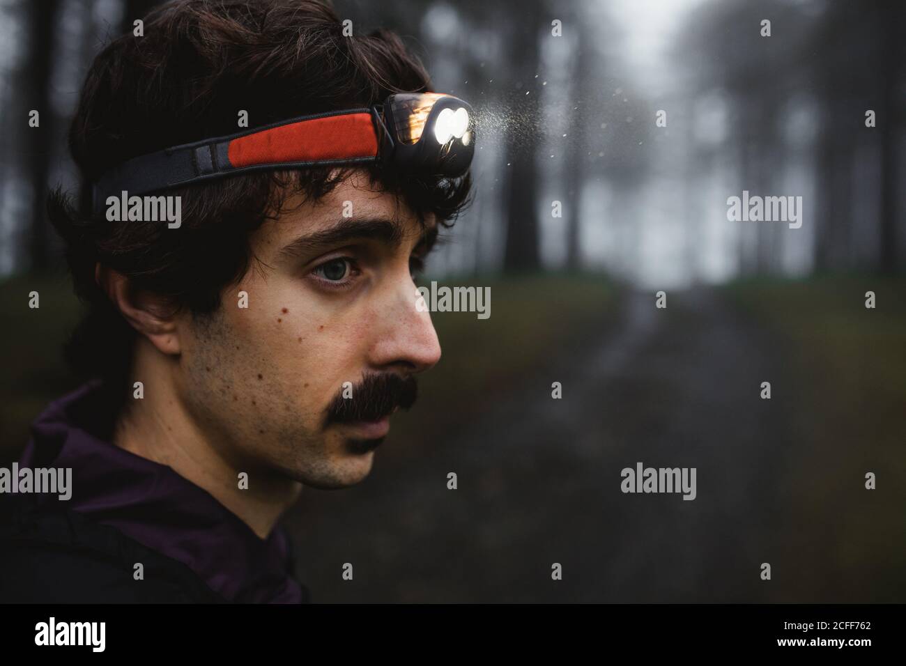 Side view of sportsman wearing head flashlight standing in foggy wood ...