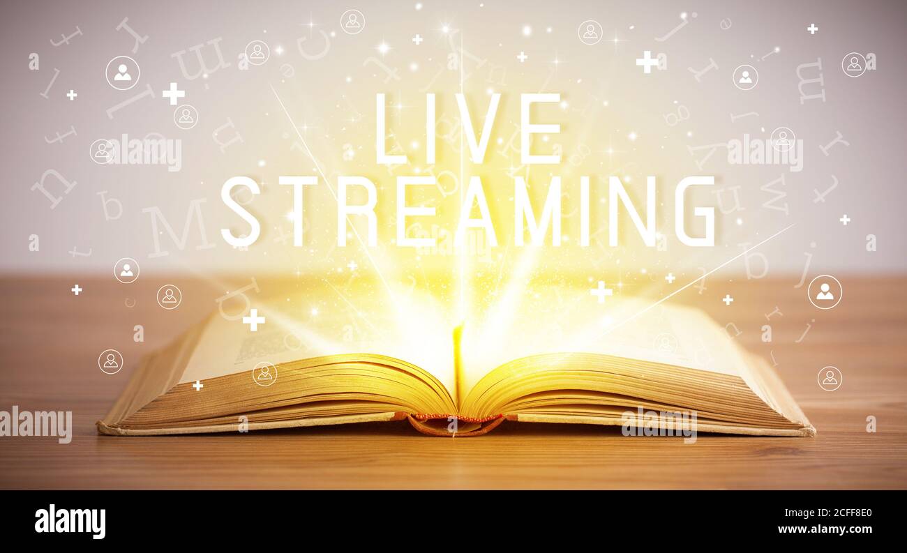 Open book with LIVE STREAMING inscription, social media concept Stock ...