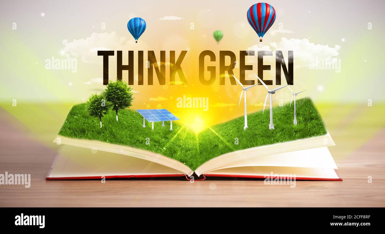 Open book with THINK GREEN inscription, renewable energy concept Stock ...