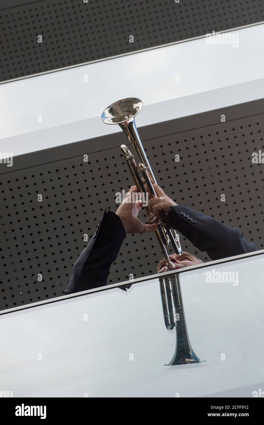 London, UK. 5 September 2020. A trumpet player joins leading musicians ...