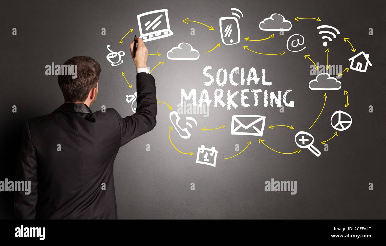 businessman drawing social media icons with SOCIAL MARKETING ...