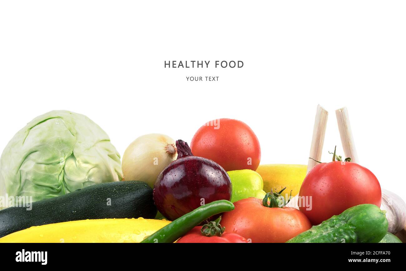 Washed fresh vegetables in a large assortment on a white background ...