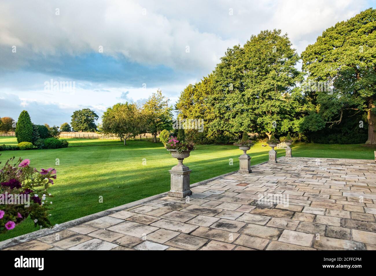 English country house garden and terrace at dawn Stock Photo - Alamy