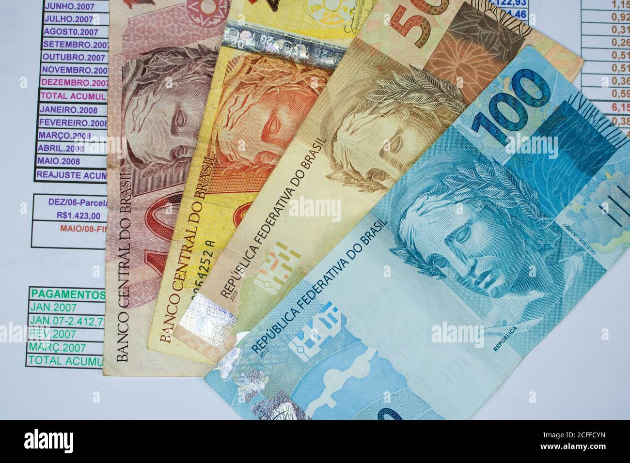 Brazilian money with calculator and numerical chart background Stock ...