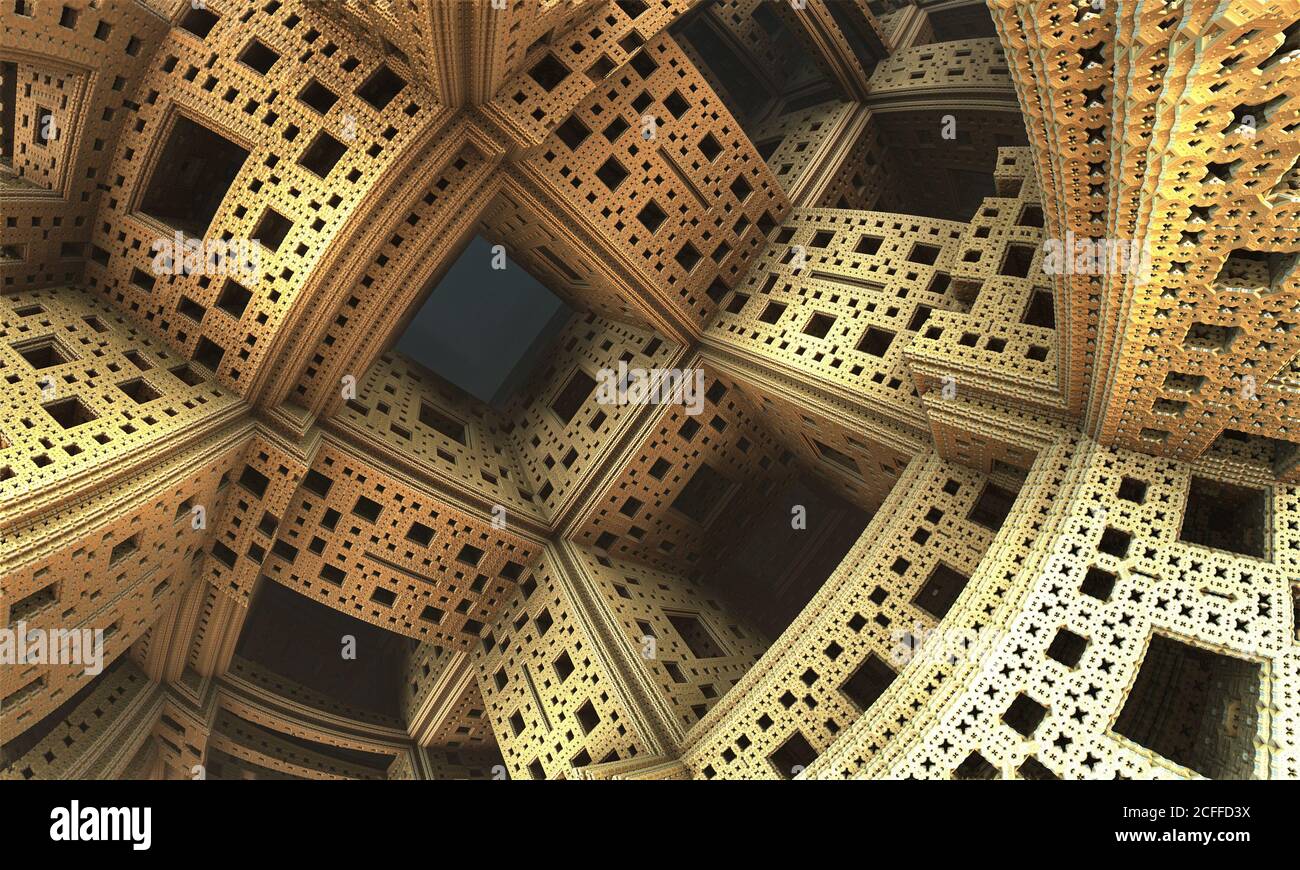 Abstract background, fantastic 3D gold structures and rooms, fictional ...