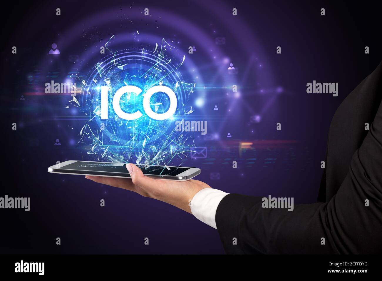 Close-up of a touchscreen with ICO abbreviation, modern technology ...