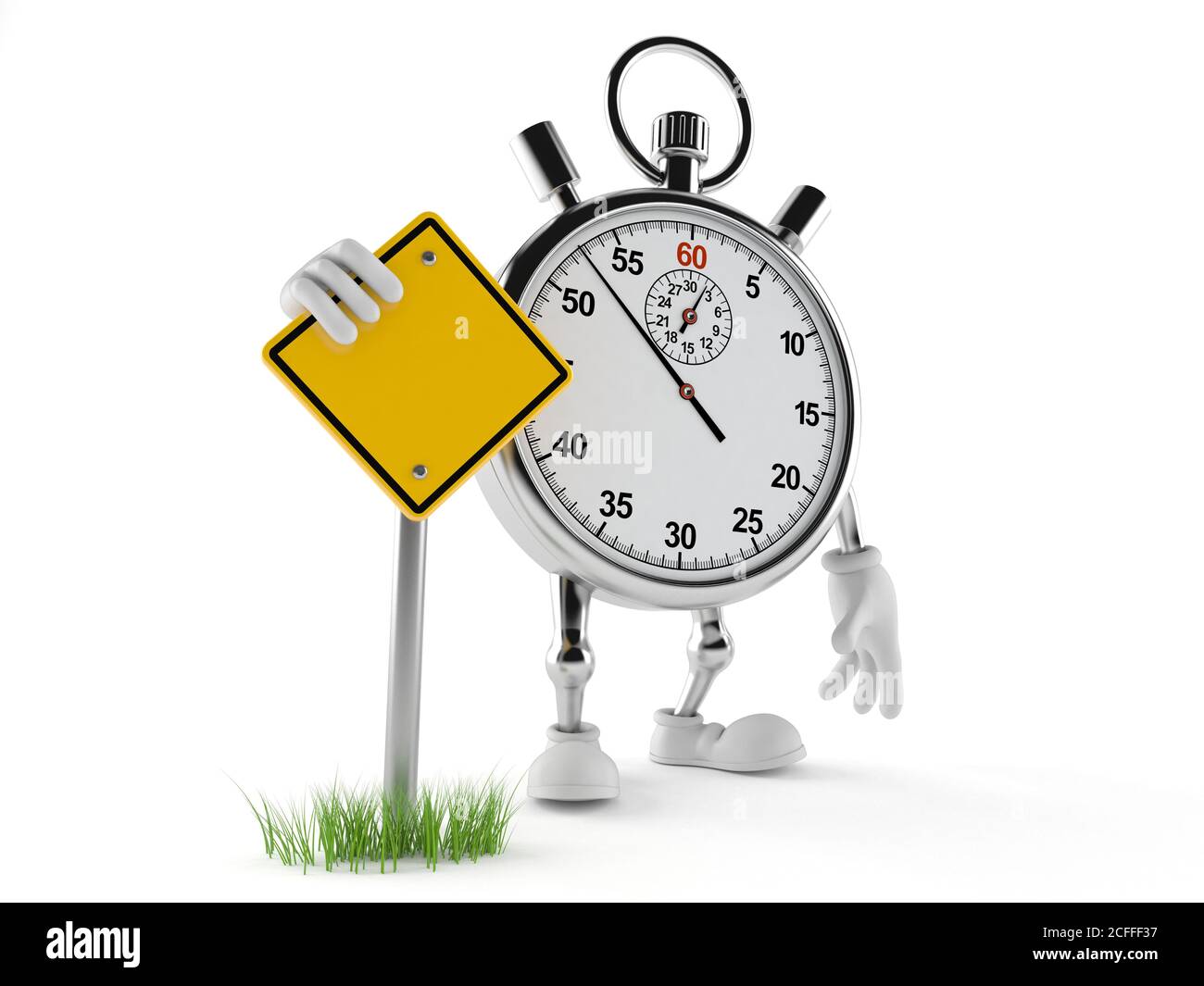 Stopwatch character with blank road sign isolated on white background ...