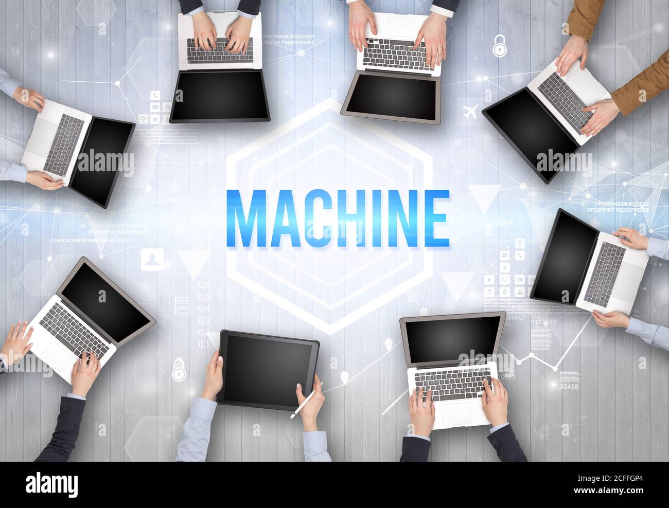 Group of Busy People Working in an Office with MACHINE inscription ...