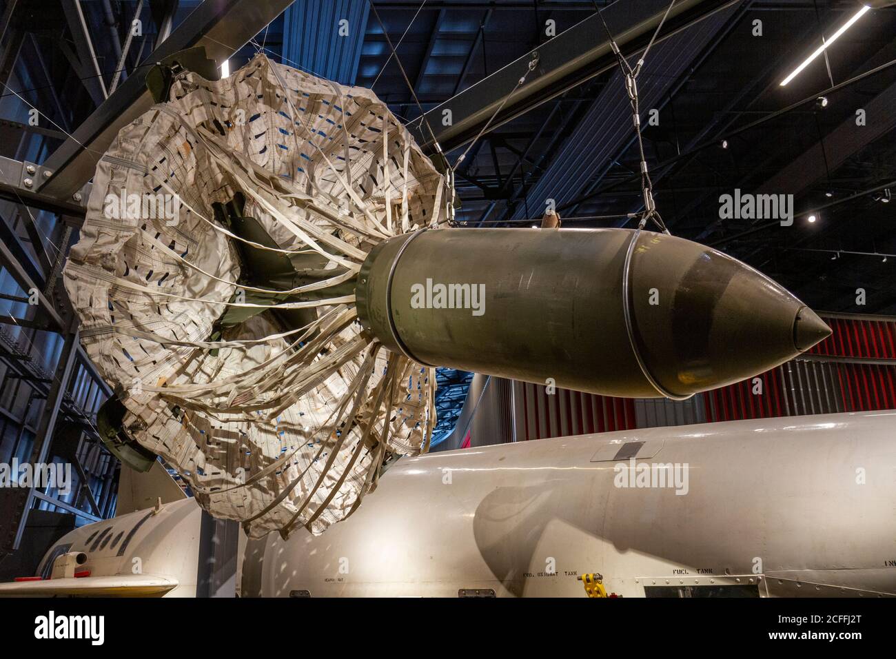 A 20lb fragmentation bomb with parachute on display in the RAF Museum ...