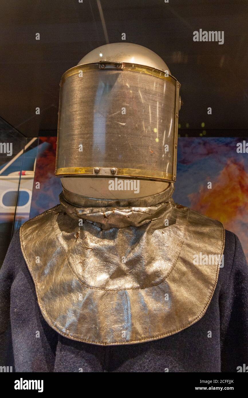 RAF firefighters helmet (1970s-80s) on display in the RAF Museum ...