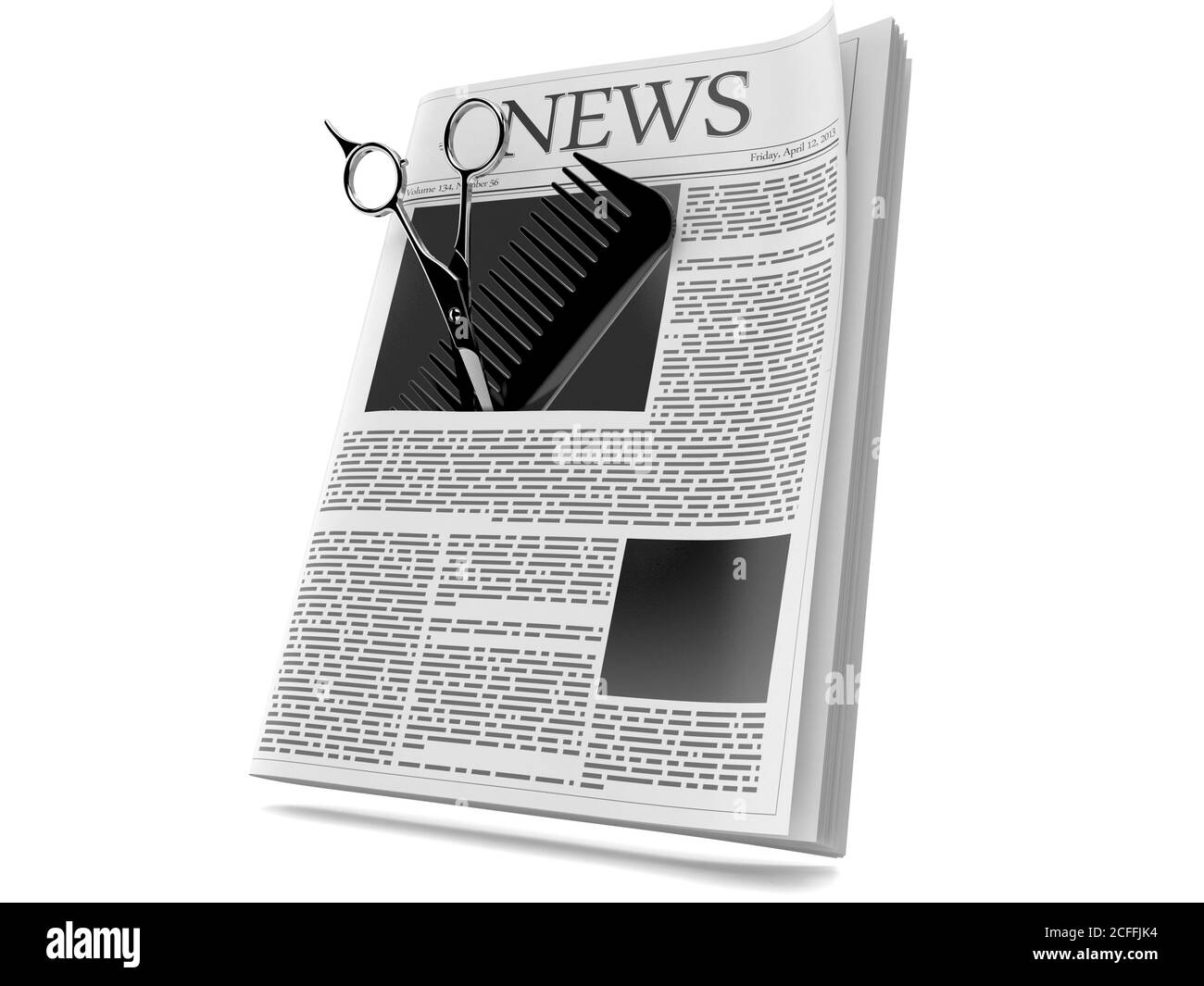 Barber scissors with comber with newspaper isolated on white background ...