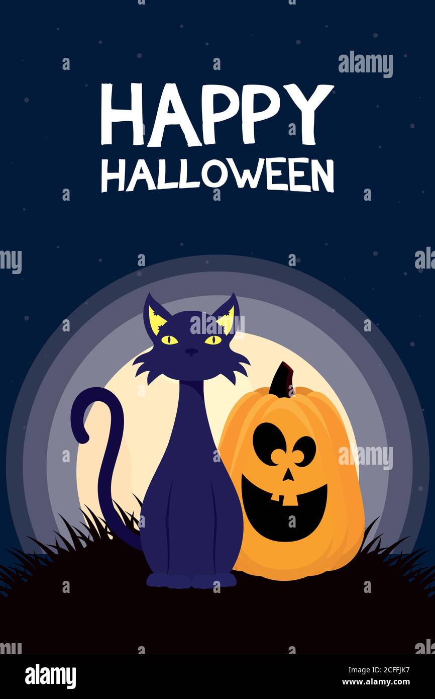 happy halloween card with pumpkin and cat scene vector illustration ...
