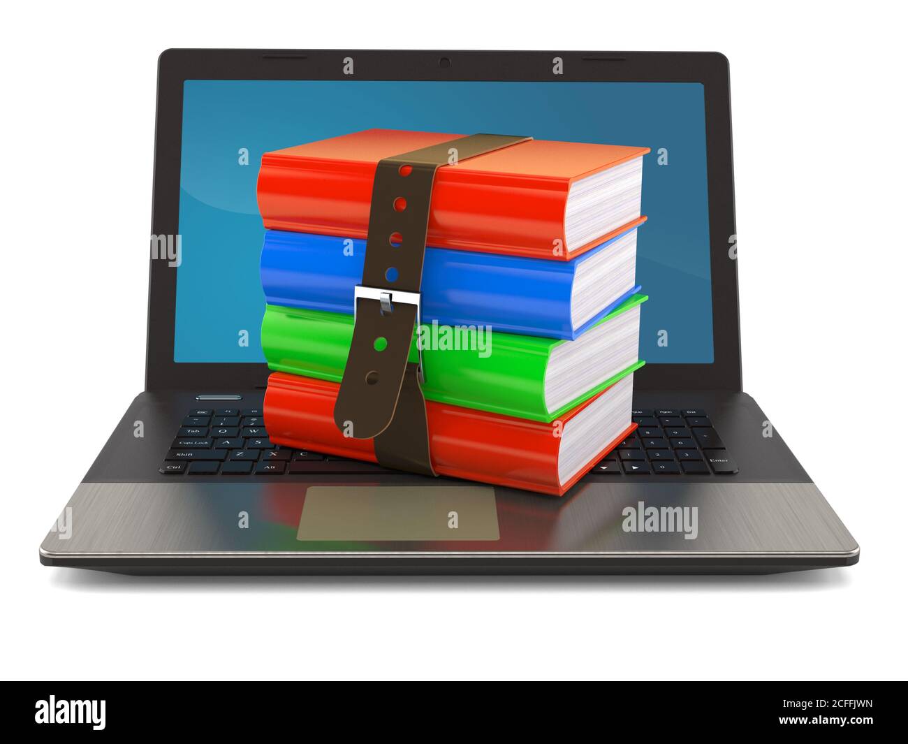 Books on laptop isolated on white background Stock Photo - Alamy