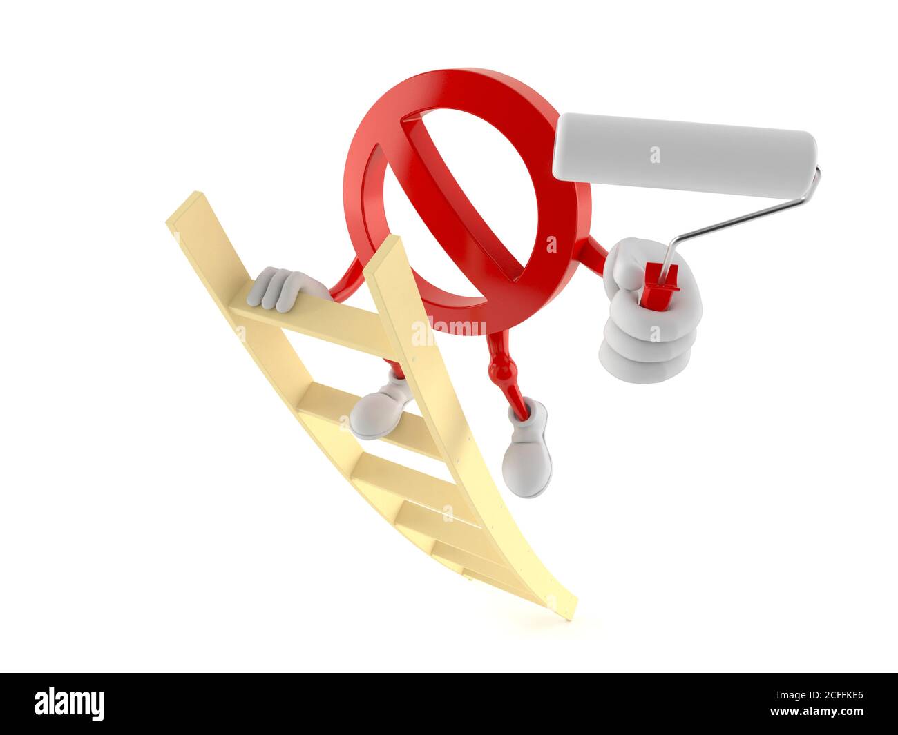 Forbidden character on ladder holding roller paint isolated on white ...