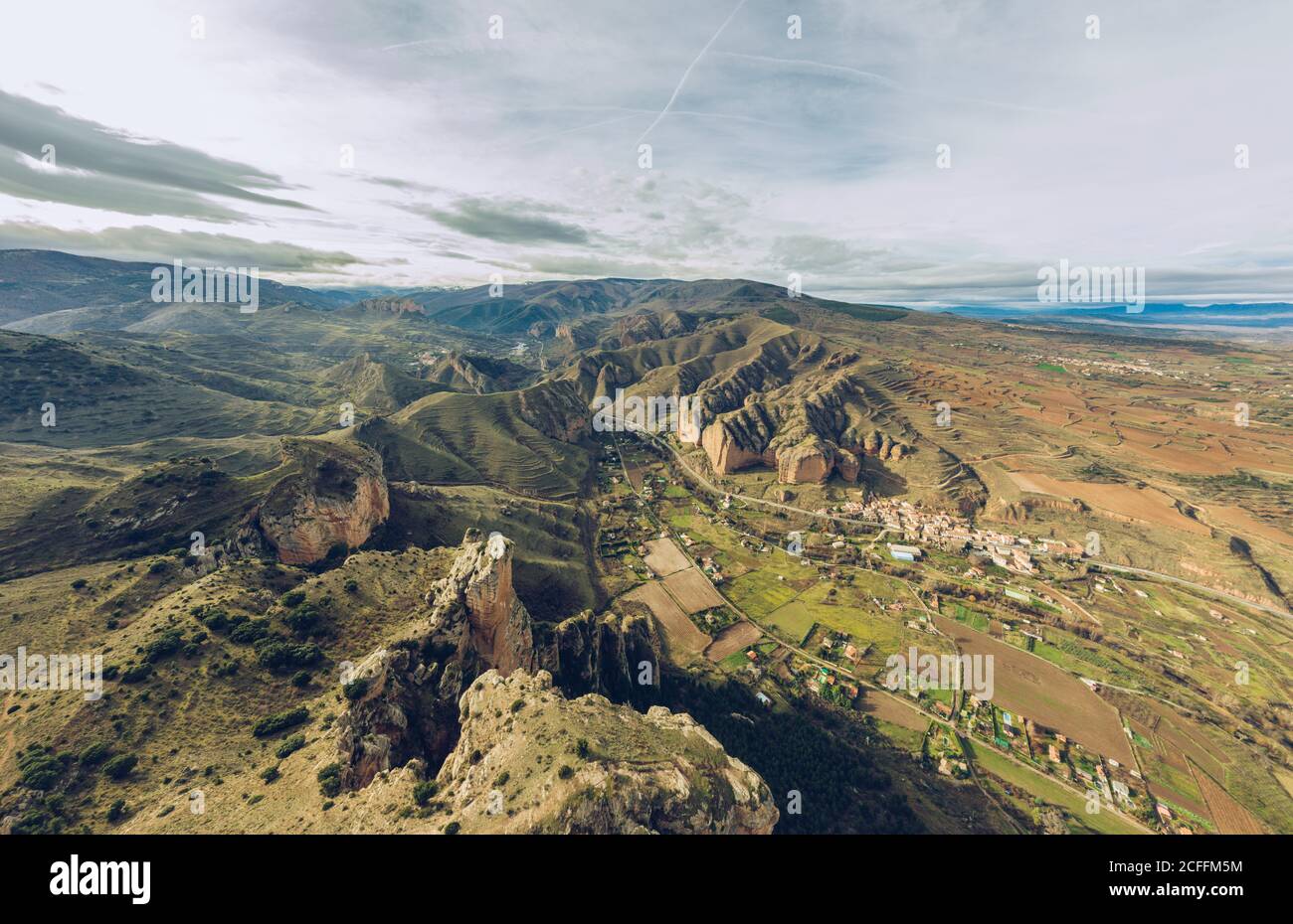 Aerial view of mountain chain and village landscape in Islallana, La ...