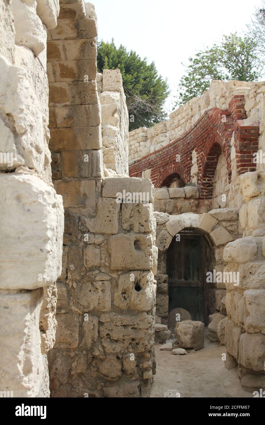 Walkway through Ancient Roman Theater buildings at Alexandria Egypt ...