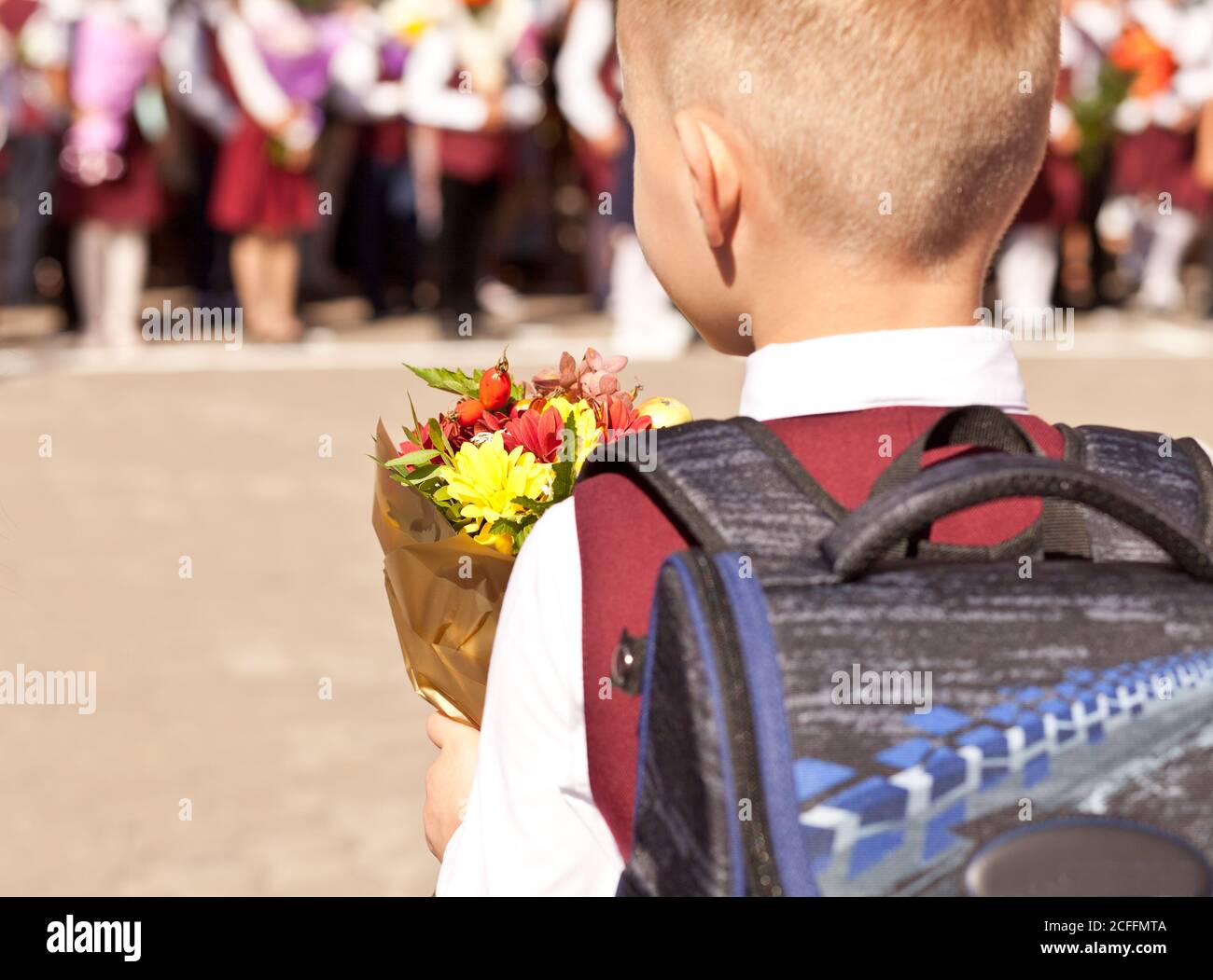Little boy with a backpack with flowers go to school. Back view. Back ...