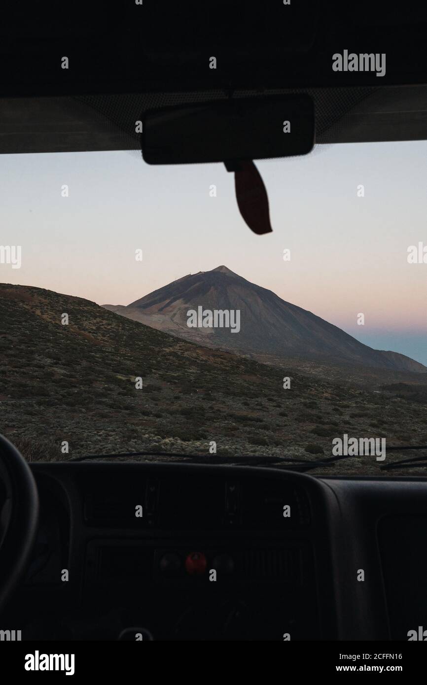 View of mountain through window of car Stock Photo - Alamy