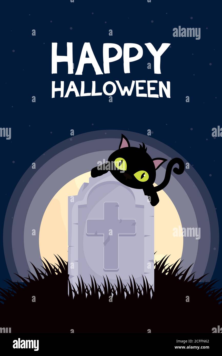 happy halloween card with lettering and cat in graveyard vector illustration design Stock Vector ...