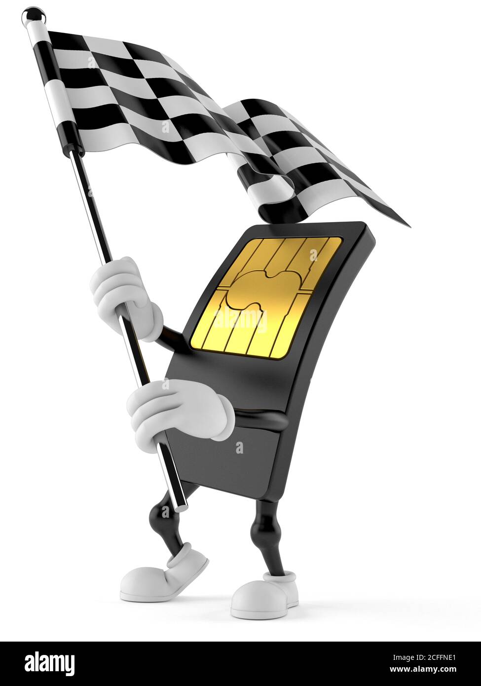 SIM card character waving race flag isolated on white background Stock ...