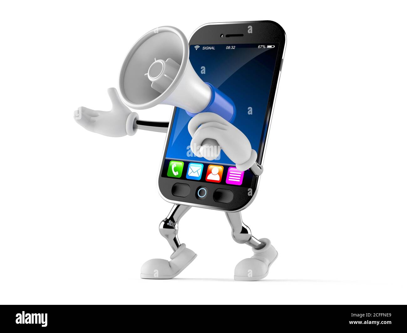 Smart phone character speaking through a megaphone isolated on white ...
