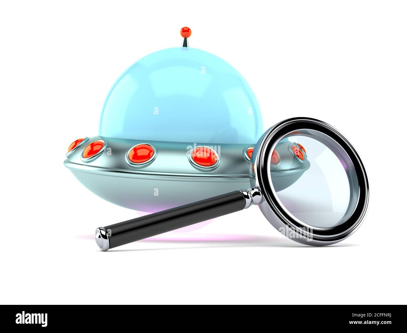 Flying saucer with magnifying glass isolated on white background Stock ...