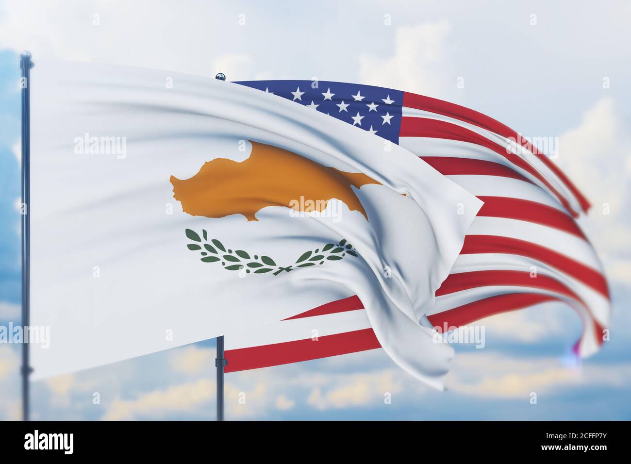 Waving American flag and flag of Cyprus. Closeup view, 3D illustration ...