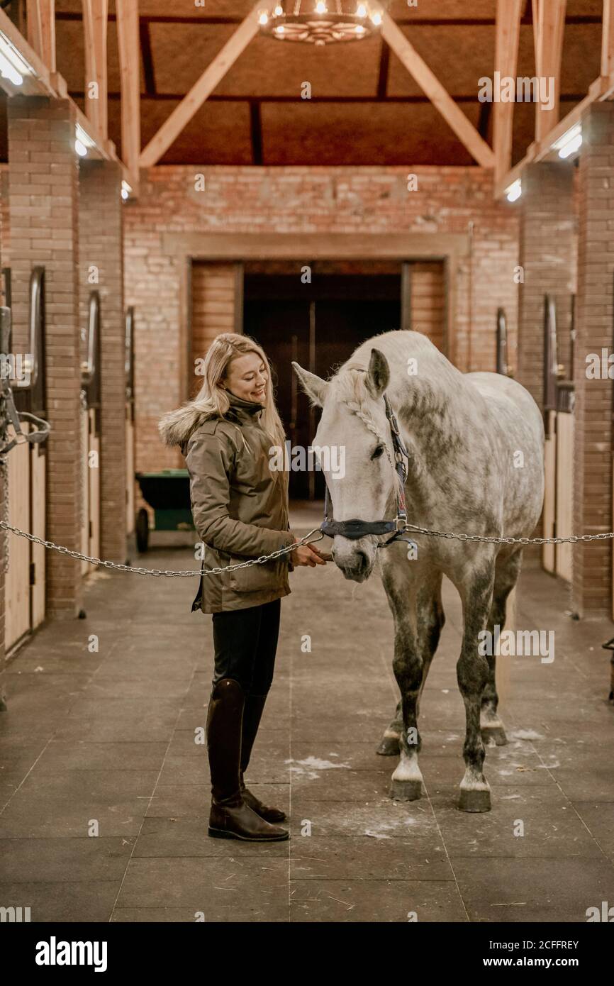 Woman hugging horse with long mane in face in stable Stock Photo - Alamy
