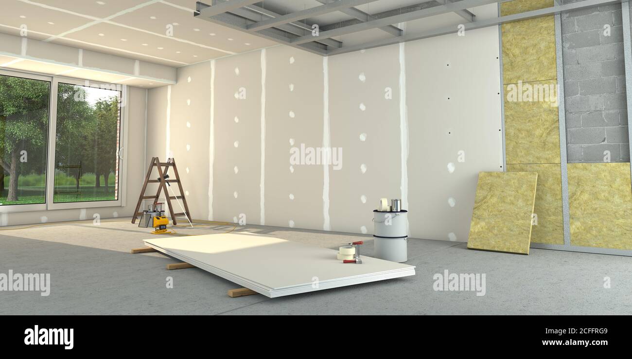 3D rendering of a house interior under renovation works Stock Photo - Alamy