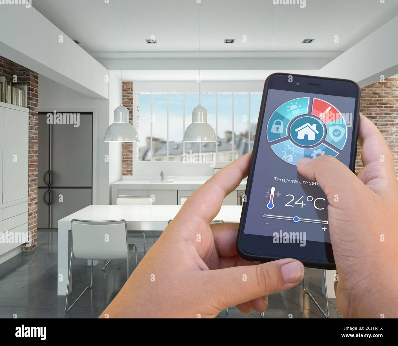 3D rendering of a modern interior controlled by a smartphone app Stock ...